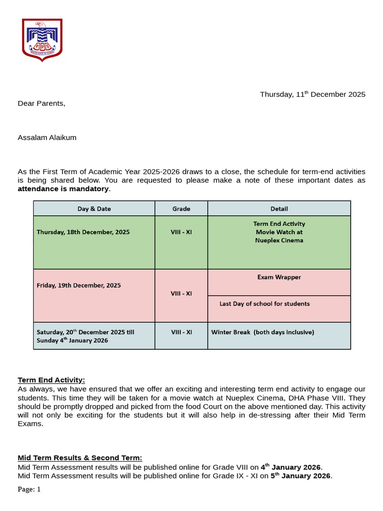 Term-End Activities & Important Dates 2025 | PDF