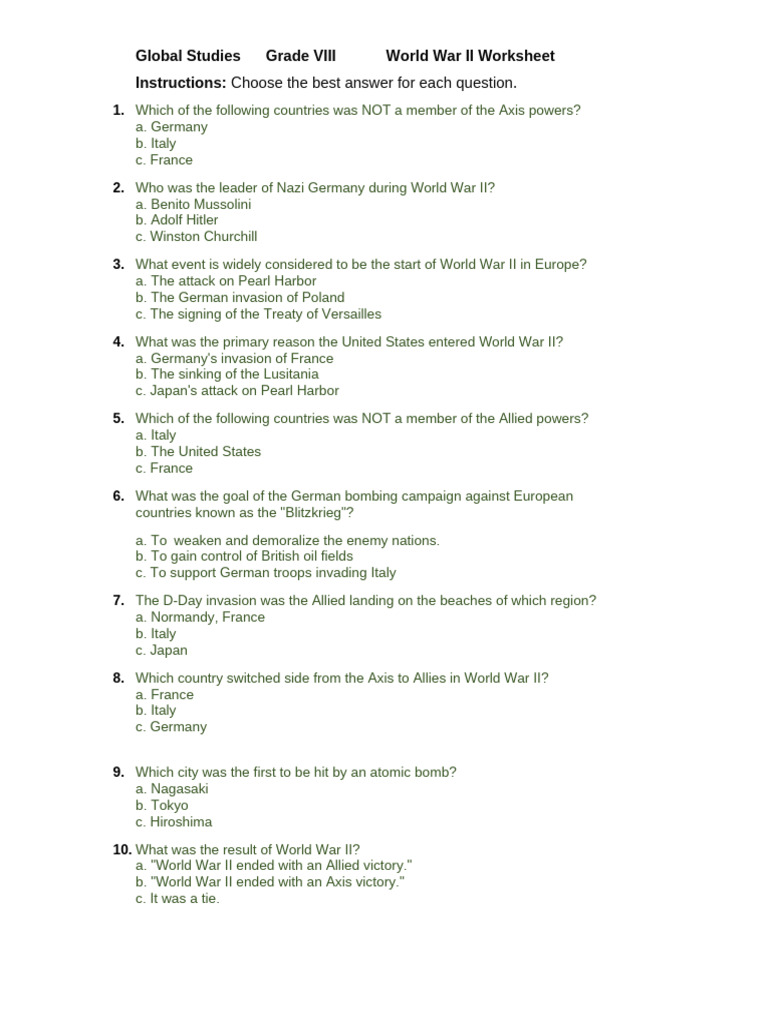 Global Studies Grade VIII World War II Worksheet Instructions | PDF