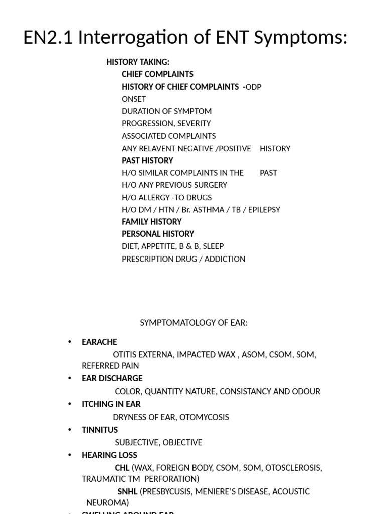 ENT Symptoms History Taking Guide | PDF | Common Cold | Ear