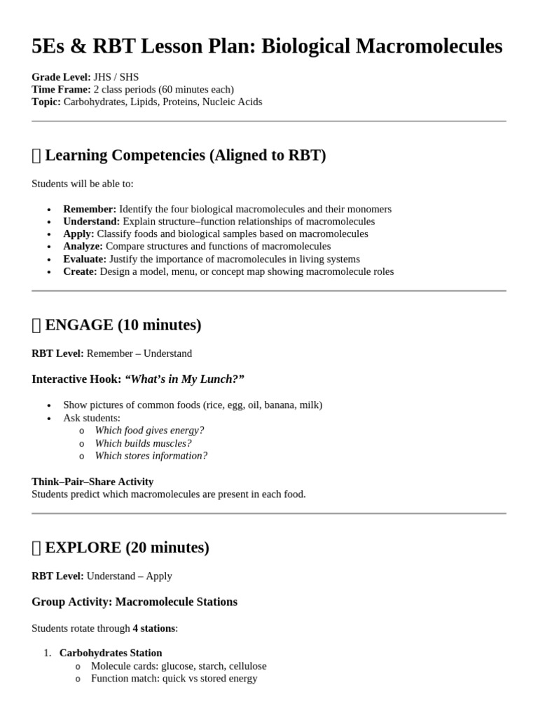 5Es Lesson Plan: Biological Macromolecules | PDF | Biomolecules ...