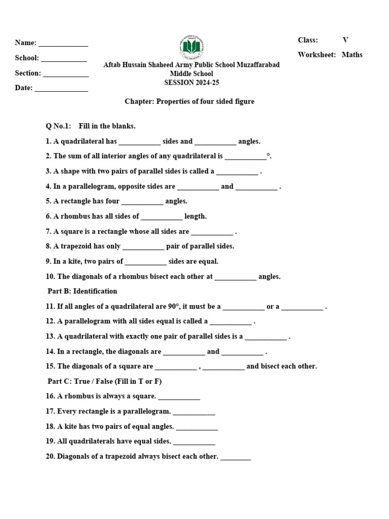 Worksheet, Properties of Four Sided Figures | PDF