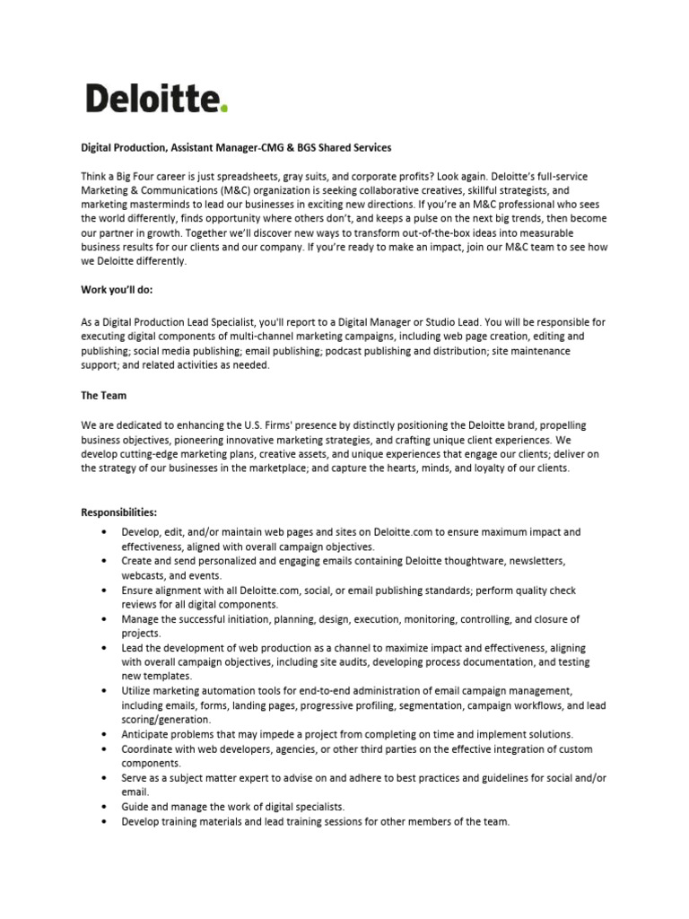 Assistant Manager - Digital Production - Updated | PDF | Marketing ...