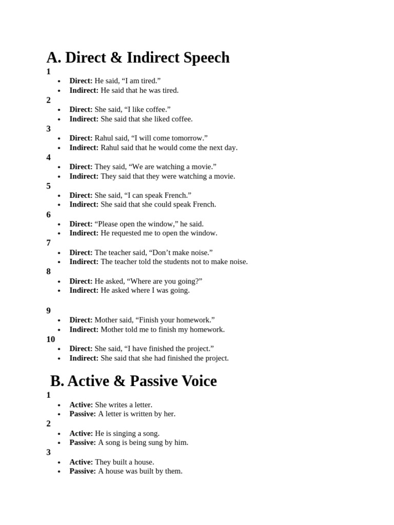 Examples of Direct , Indirect , Active Passive | PDF | Verb | Semantics
