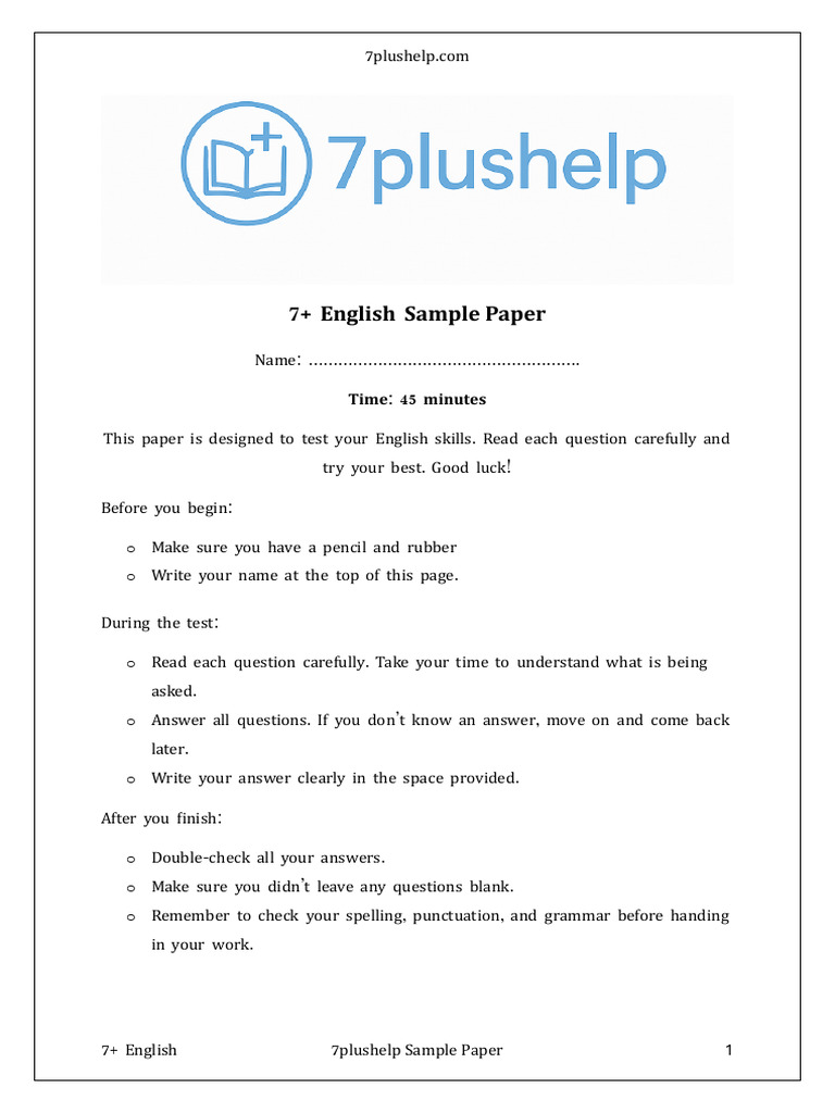 7+ English Sample Paper for Students | PDF | Linguistics