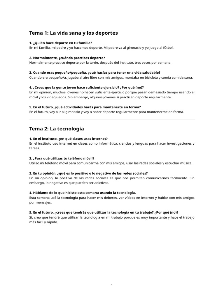 Igcse Spanish Speaking – La Vida Sana Y La Tecnología | PDF