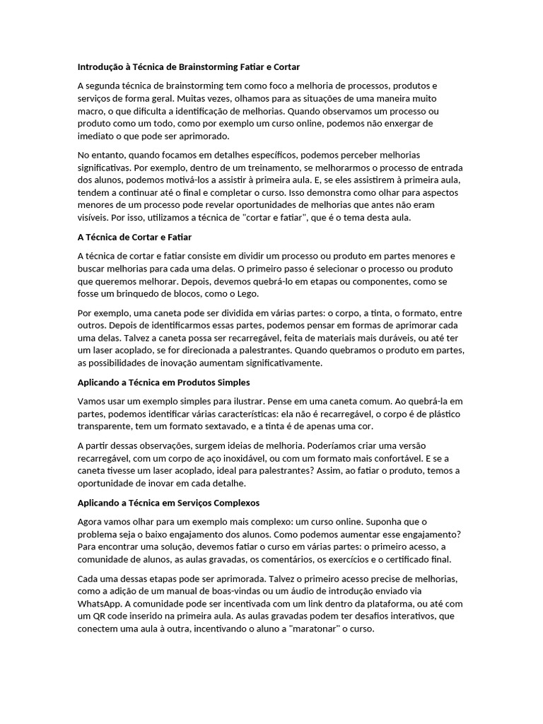 Técnica de Brainstorming: Cortar e Fatiar | PDF | Caneta | Inovação