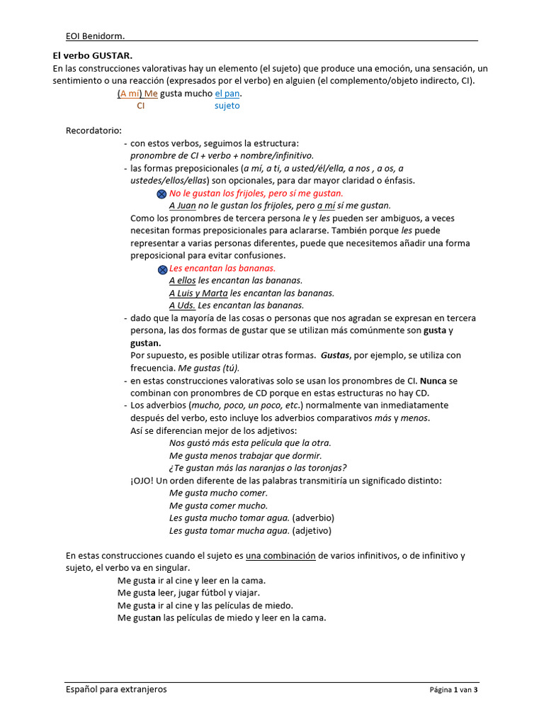 Uso del verbo GUSTAR en español | PDF | Verbo | Objeto (gramática)