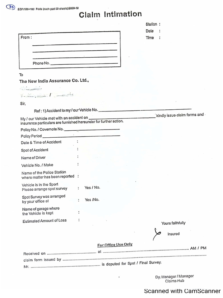 Motor Claim Intimation Forms | PDF