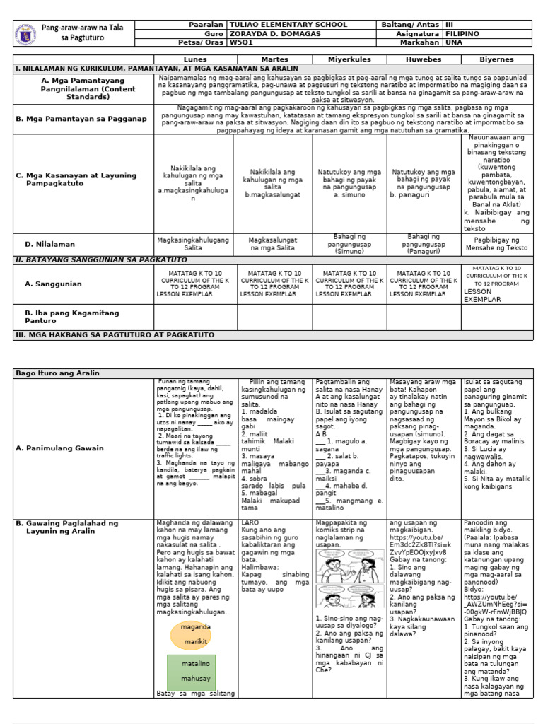 q1 Filipino DLL Week 5 New Template | PDF