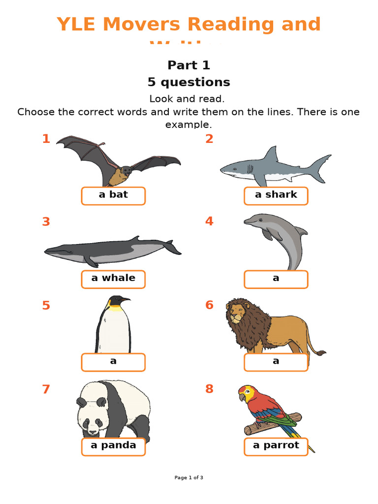 Esl Yle Movers Reading and Writing Part 1 Worksheet Exotic Animals Kids ...