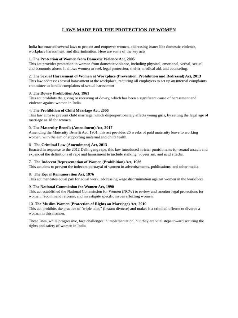 Laws Made For Protection of Women | PDF