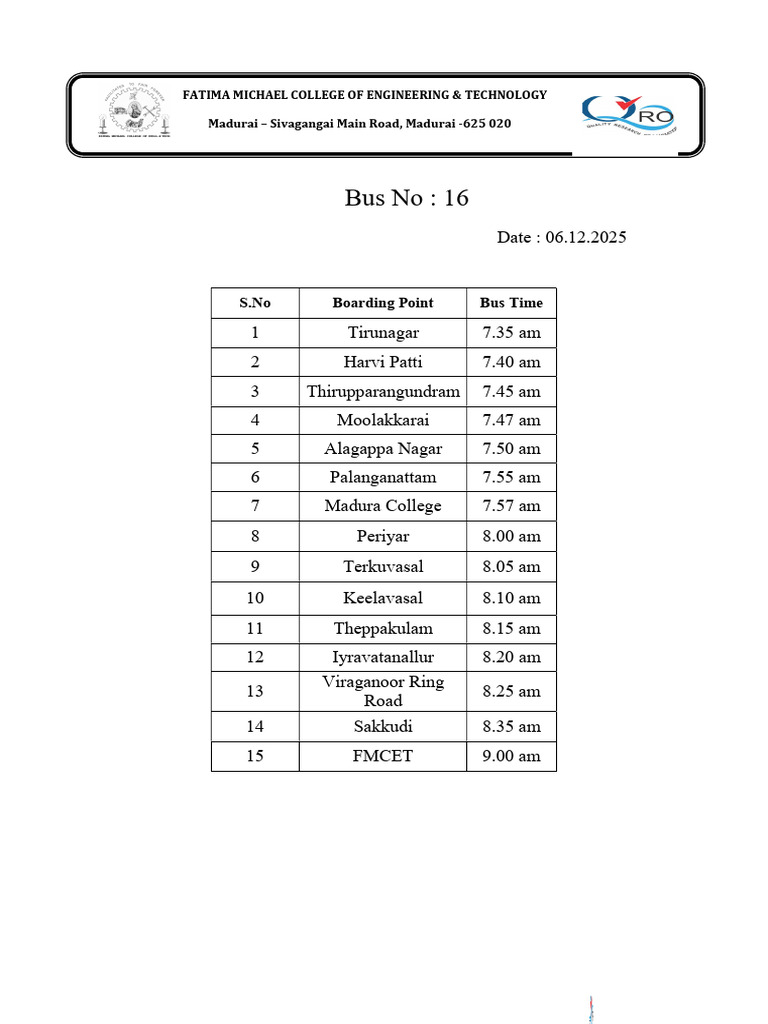FMCET Bus Schedule for 2025 | PDF