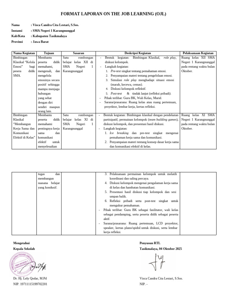 Rencana On The Job Learning - Visca Candra Cita Lestari | PDF