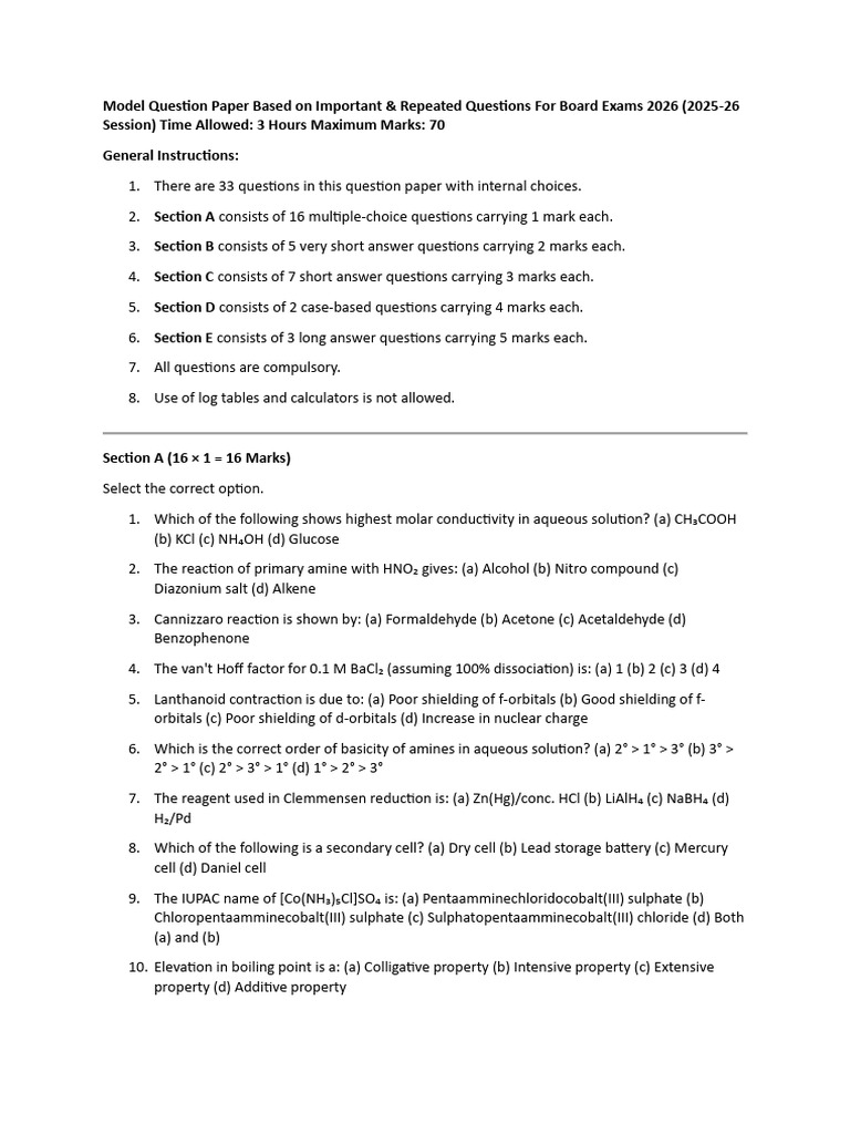 2026 Board Exam Model Question Paper | PDF | Aldehyde | Chemical Kinetics