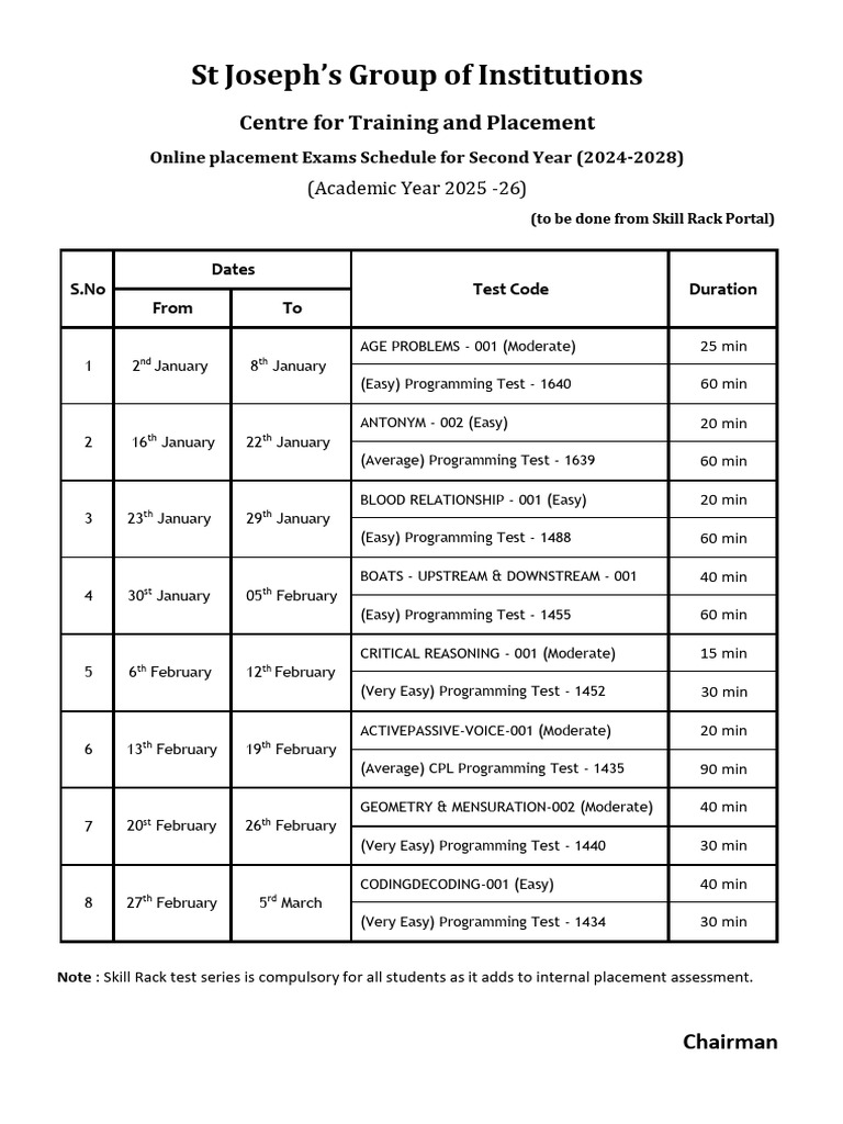 2025-26 Online Placement Exam Schedule | PDF | Educational Stages ...