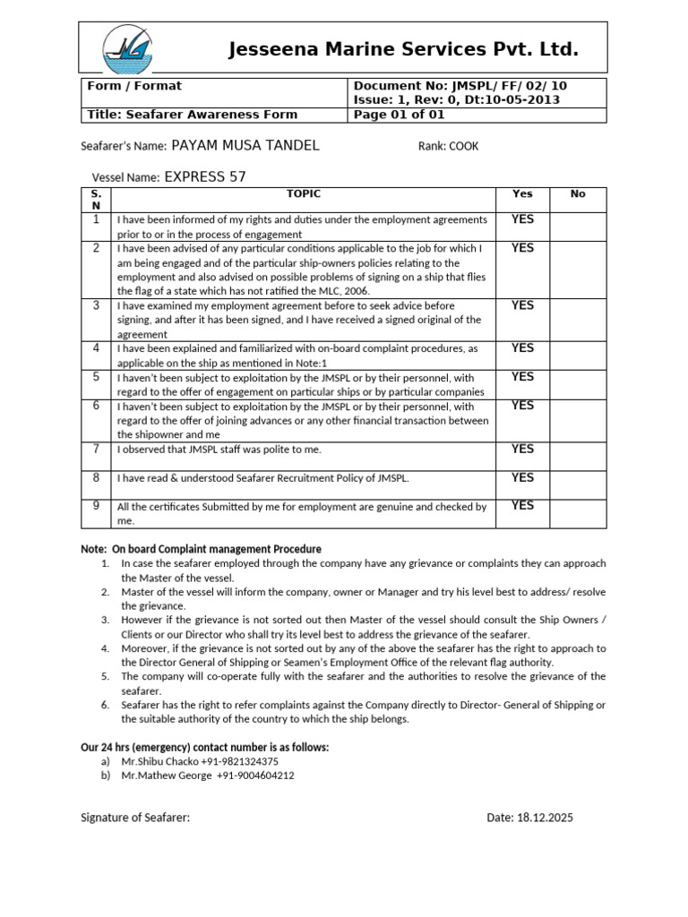 Seafarer Awareness Form - JMSPL | PDF | Sailor