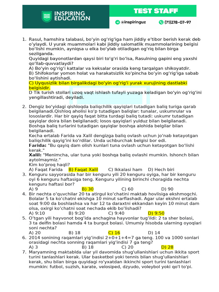 Test Savollar Shablon | PDF