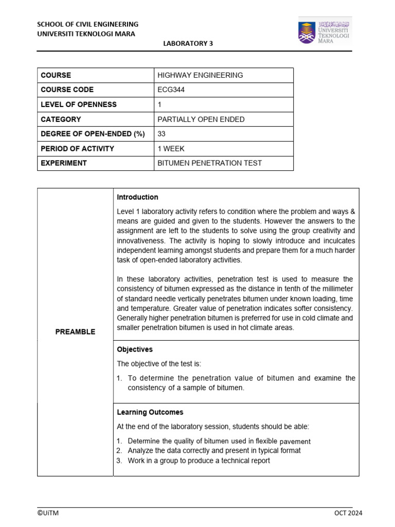 Bitumen Penetration Test Lab Guide | PDF | Laboratories