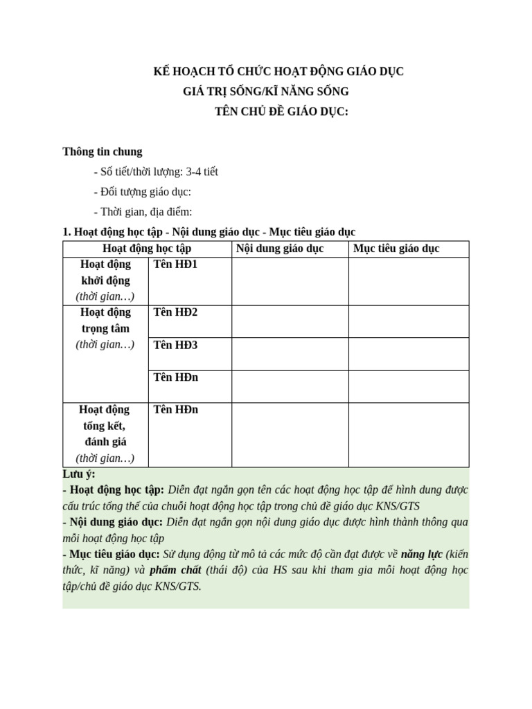 Khung Ke Hoach HDGD Kns Gts | PDF