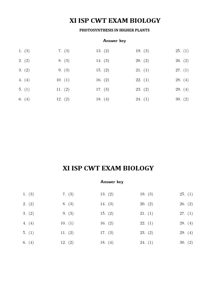 Xi Isp CWT Obj Ex Keys Bio Photosynthesis in Higher Plants | PDF