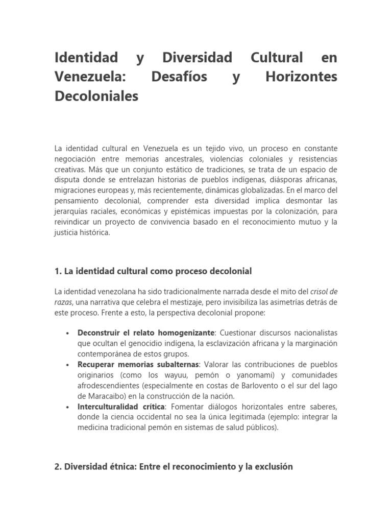 Unidad 3 Identidad y Diversidad Cultural en Venezuela | PDF | Venezuela ...