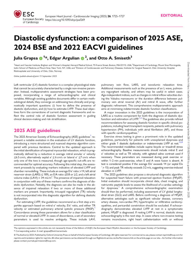 Diastolic Dysfunction A Comparison of 2025 ASE, 2024 BSE and 2022 EACVI ...