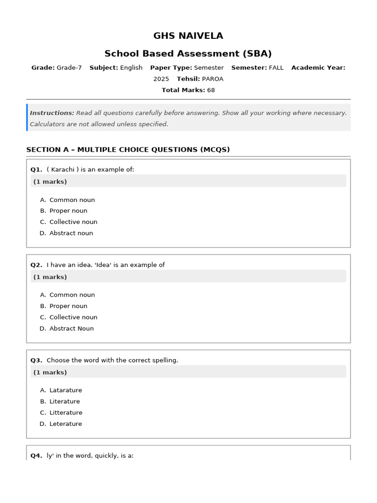 Grade 7 English SBA Fall 2025 Exam | PDF | Rock (Geology) | Multiple Choice