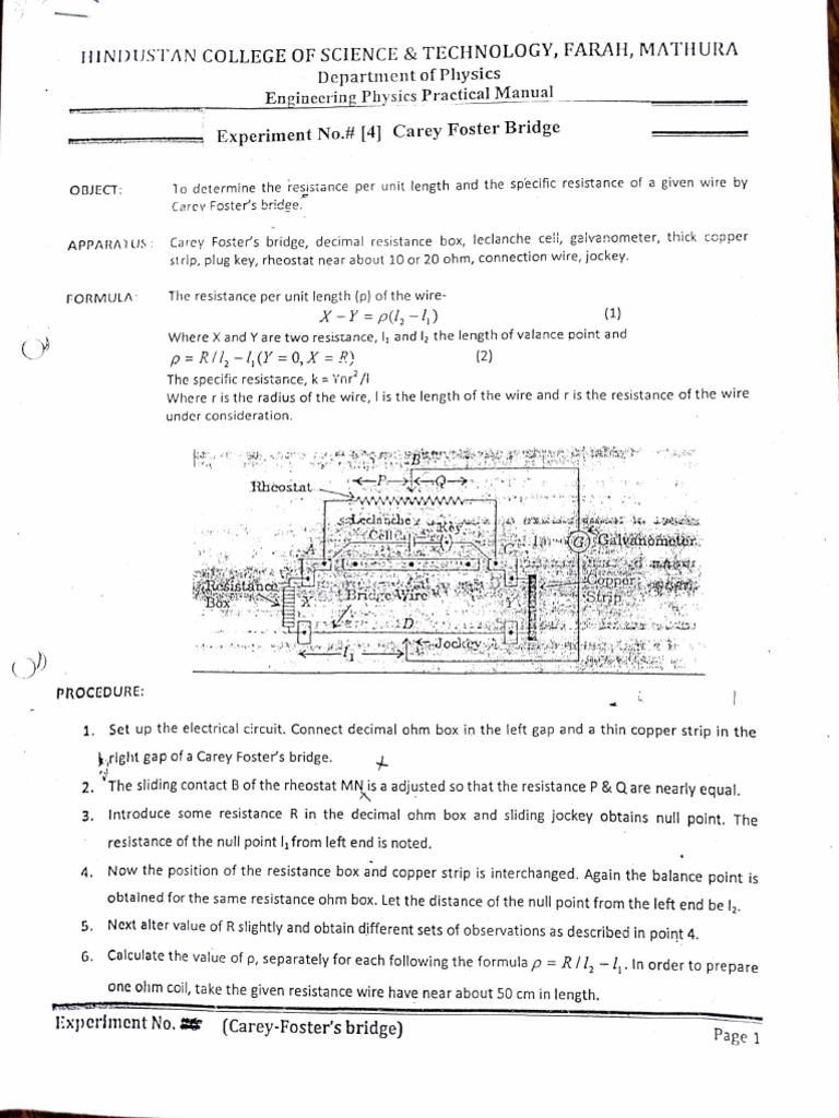 Carey Foster Bridge Experiment Guide | PDF | Quantity | Physical Quantities