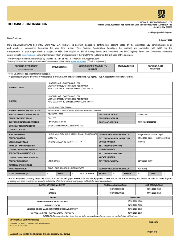MSC Booking Confirmation Details | PDF | Bill Of Lading | Cargo
