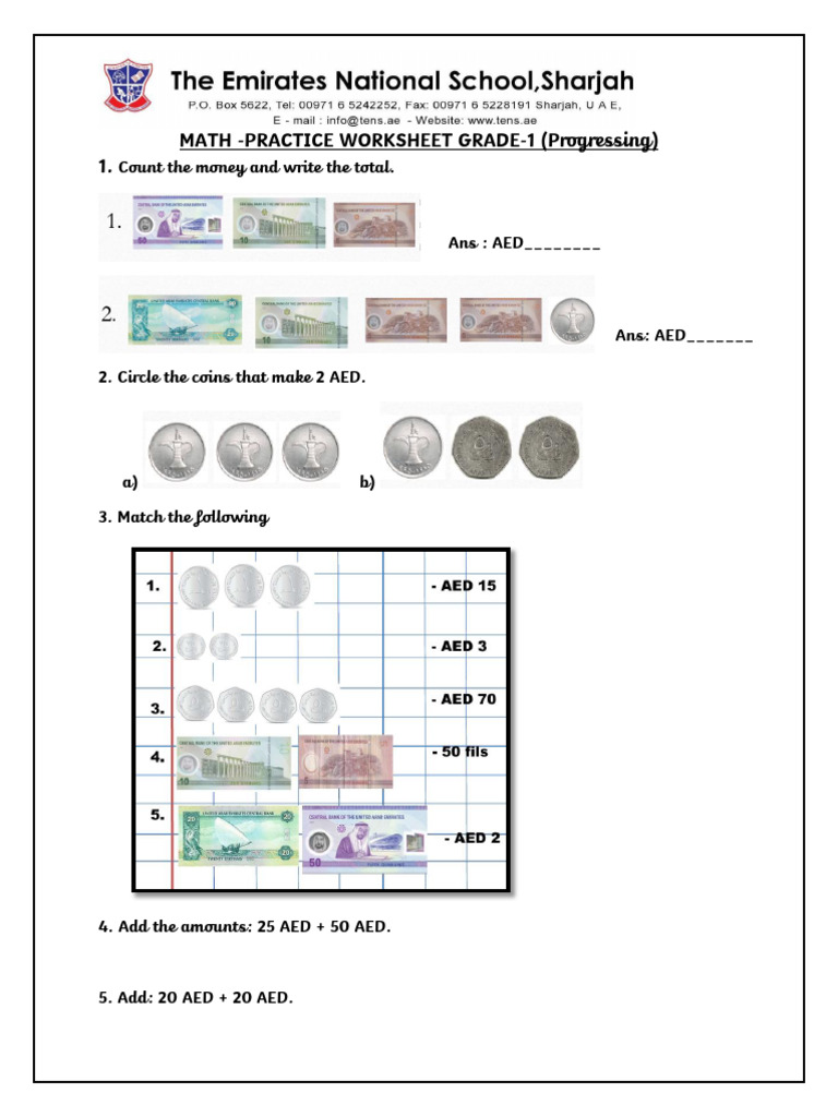 Grade 1 Money Math Practice Worksheet | PDF