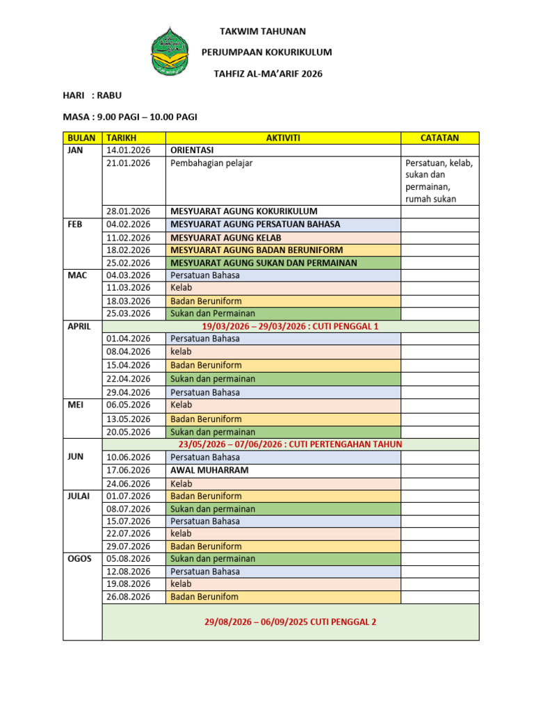 Takwim Tahunan Kokurikulum 2026 | PDF