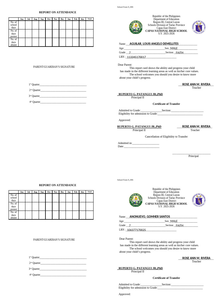 Sf 9 Template g7-Faith | PDF