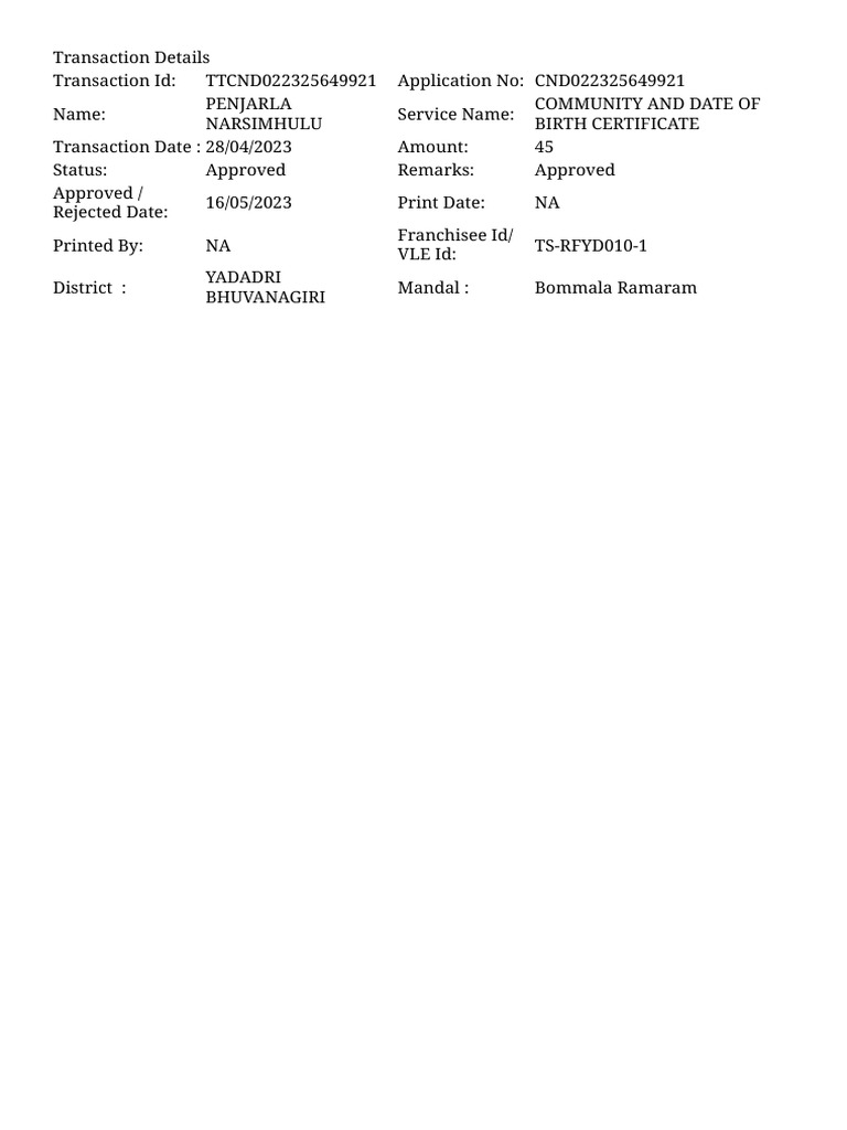 Community Birth Certificate Transaction Details | PDF