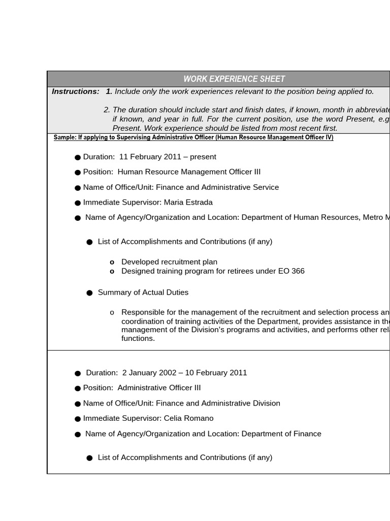 Work Experience Sheet Template | PDF | Finance & Money Management