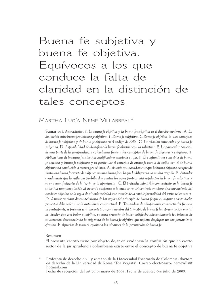 Artículo: Buena Fe objetiva y subjetiva. | PDF | Verdad | Intención (Derecho Penal)