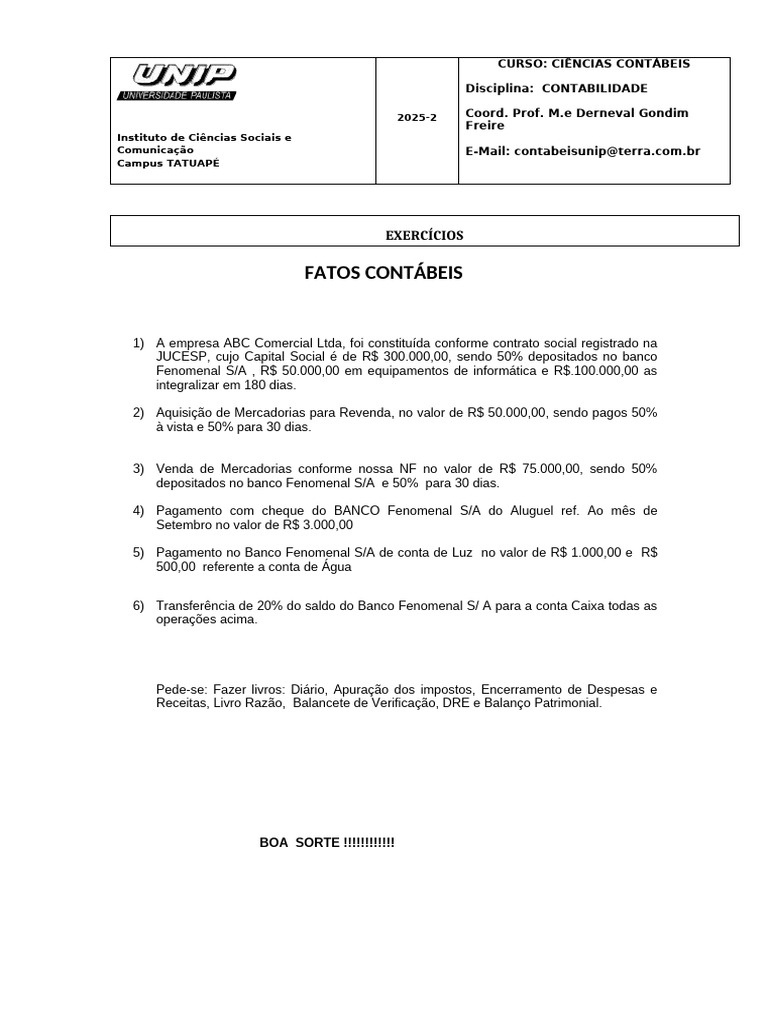 Exercicio Aula Dia 13.10.2025 | PDF | Contabilidade | Balancete