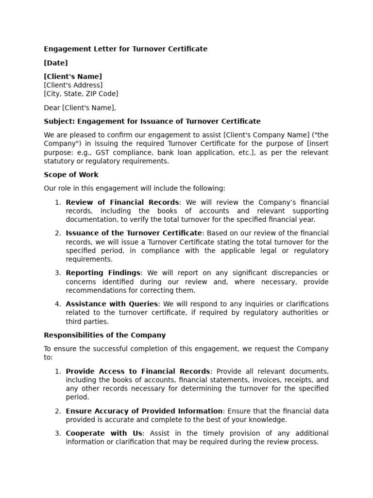Turnover Certificate Engagement Letter | PDF