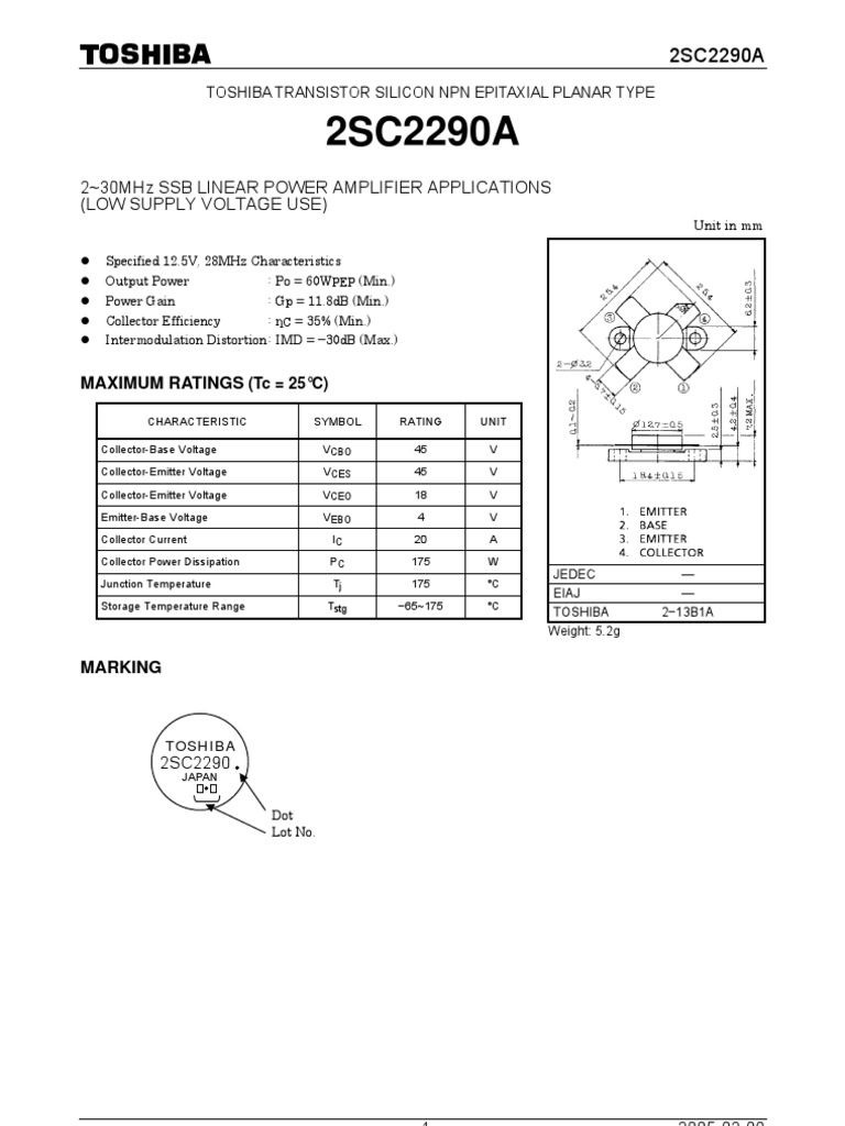 2SC2290 - 12V, 60W, 30MHz | PDF | Reliability Engineering | Amplifier