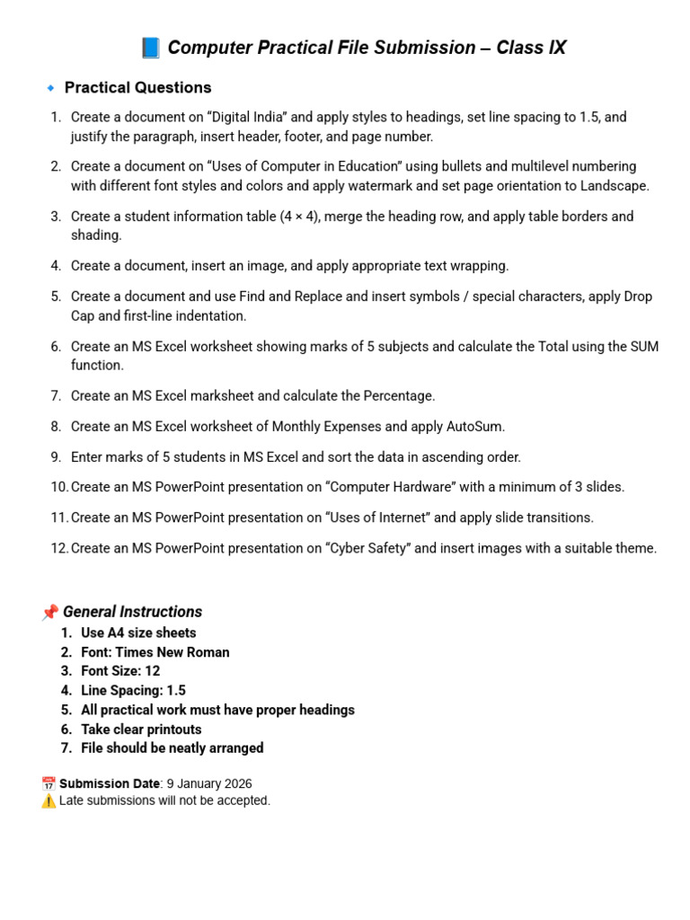 ? Computer Practical File - Class IX (2) | PDF