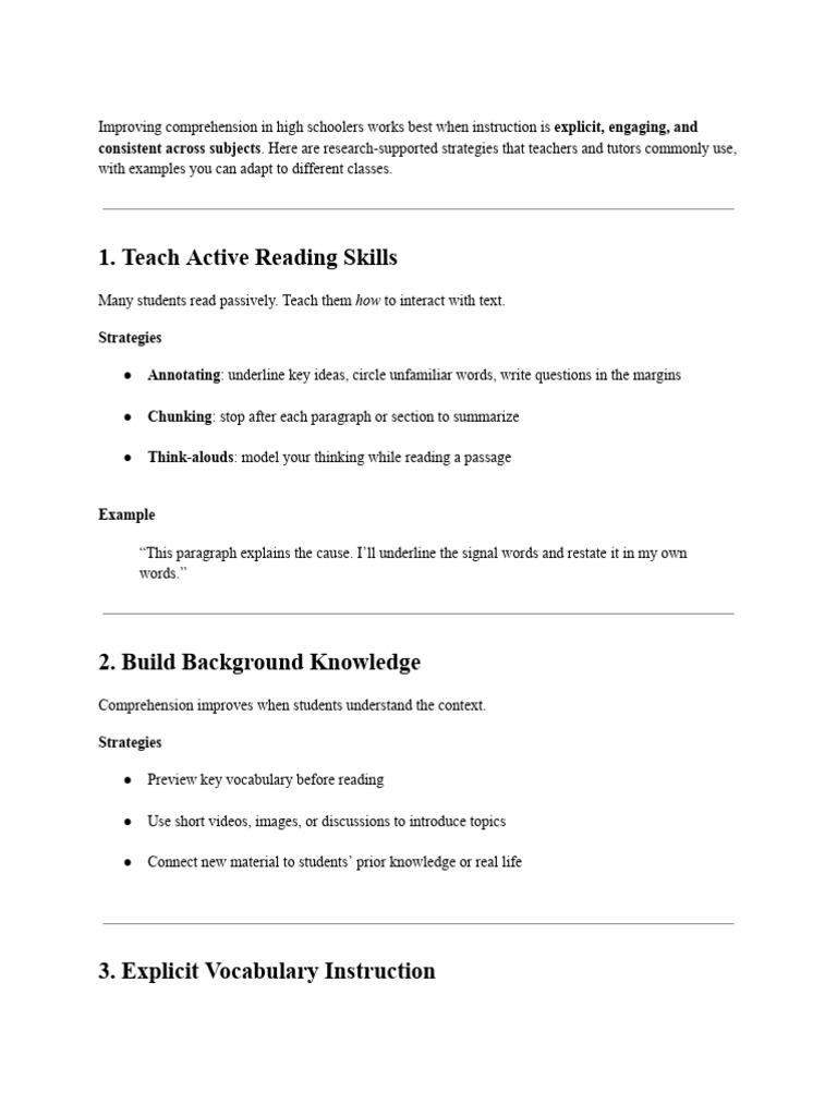 Improving Comprehension for High Schoolers | PDF | Reading ...