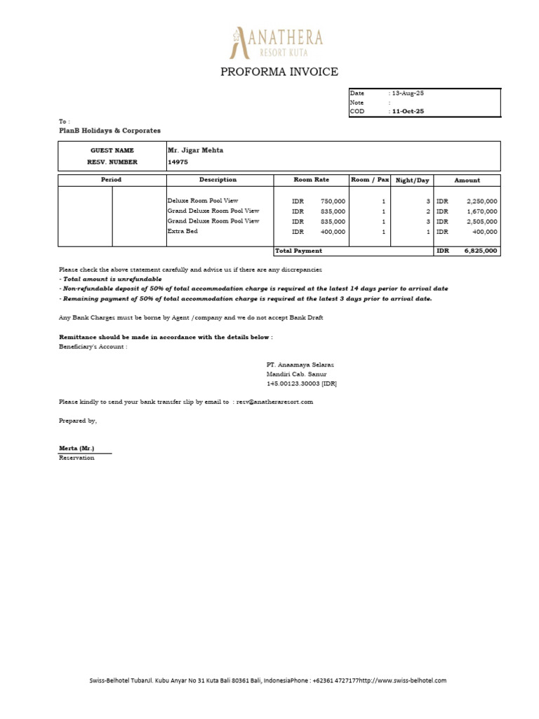 Proforma Invoice - PlanB Holidays & Corporates - Mr. Jigar Mehta (1 ...
