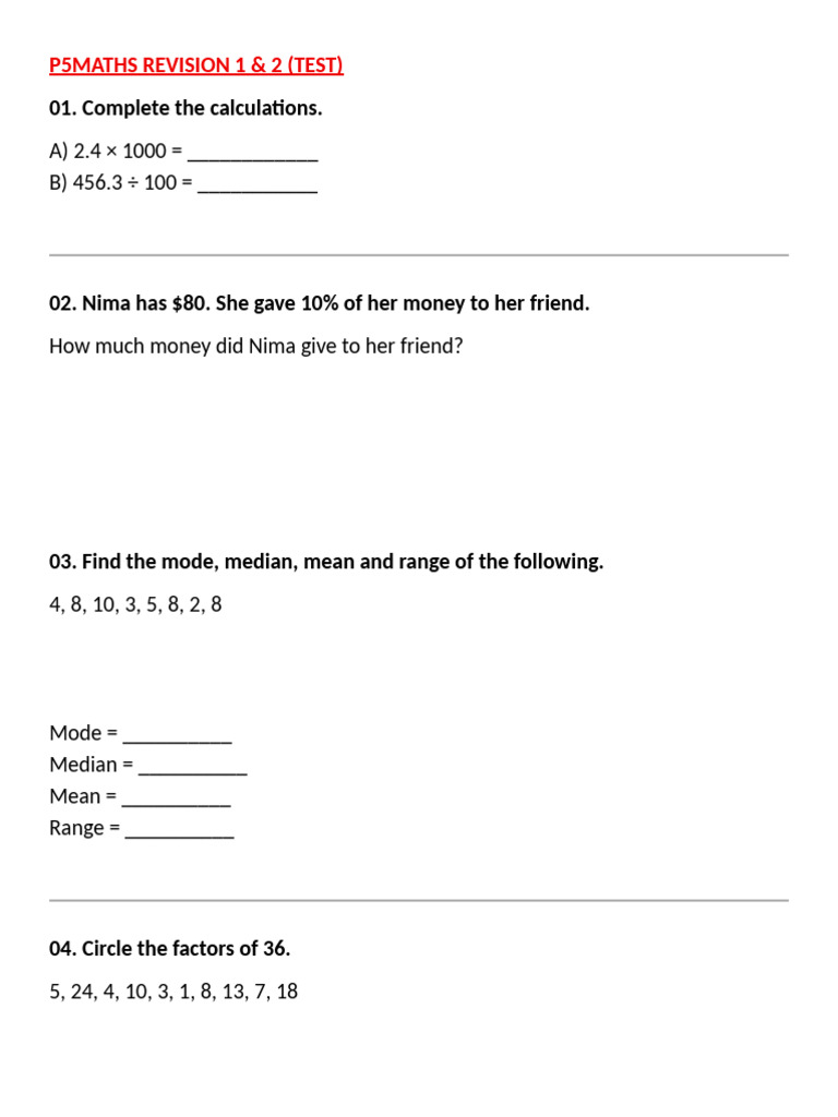 P5 Maths Revision Test Questions | PDF | Rectangle | Elementary Geometry