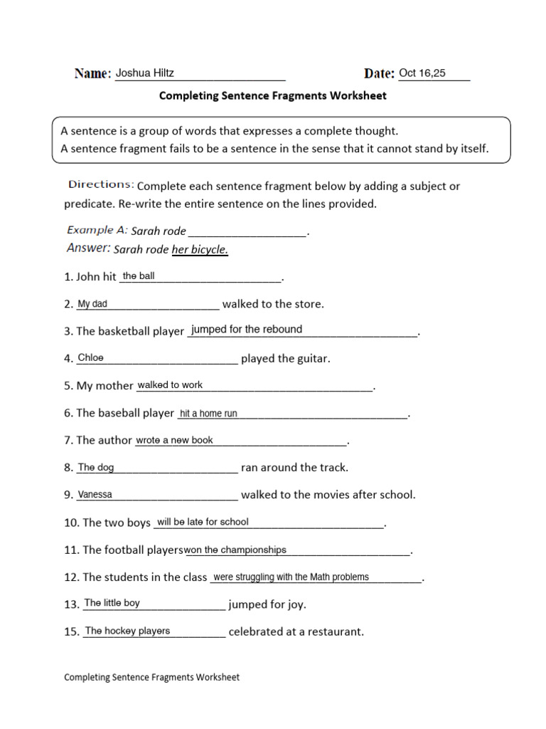 Sentence Fragment Completion Worksheet | PDF