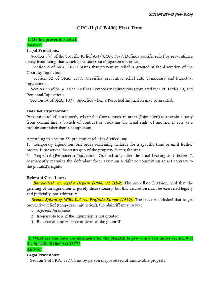 Preventive Relief and Specific Performance in Law | PDF | Legal Remedy ...