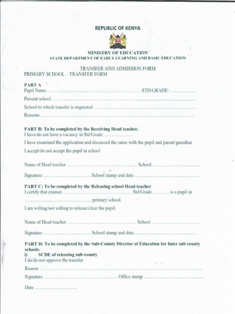 NEMIS Transfer Form for Primary Schools in Kenya (1) | PDF