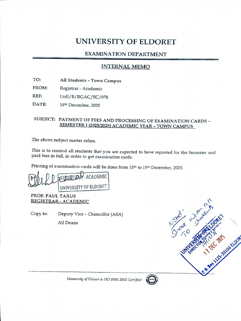Memo-fee Payment and Processing of Exam Cards | PDF