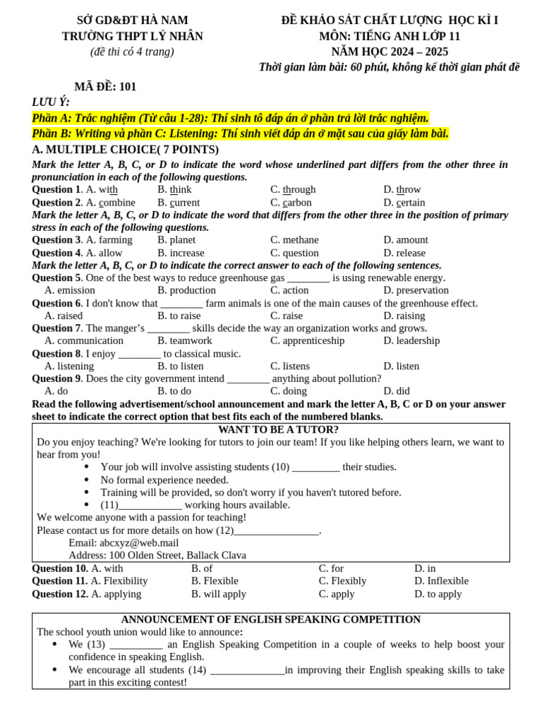 English Exam Paper for Grade 11 | PDF | Climate Change | Greenhouse Gas