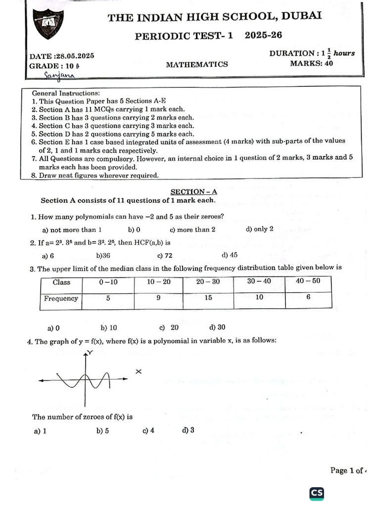 Math-10 IHS First Exam Paper | PDF