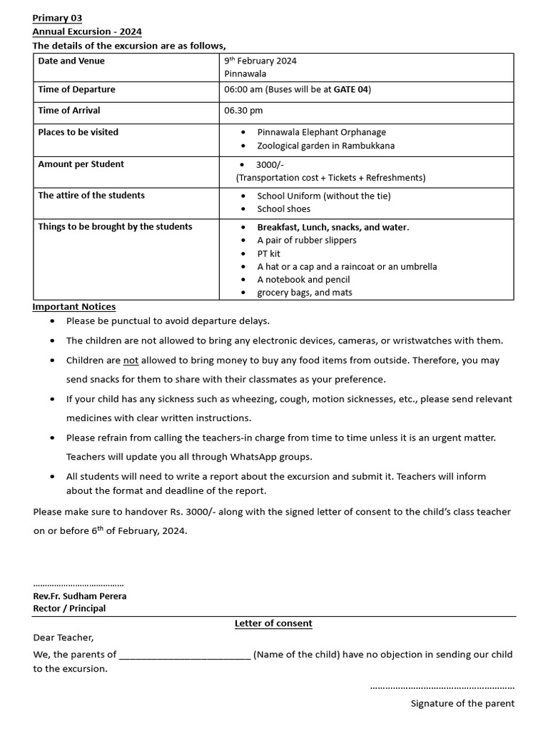 Annual Excursion -Primary 03 2024 | PDF