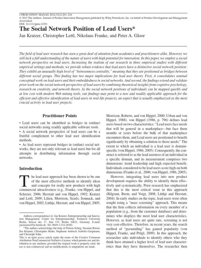 Social Network Position of Lead Users | PDF | Social Network | Creativity